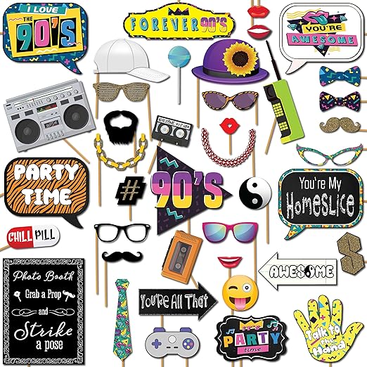 Amazon.com: 90s Photo Booth Props - 41-pc 90 s Selfie Prop Kit with 8 x ...