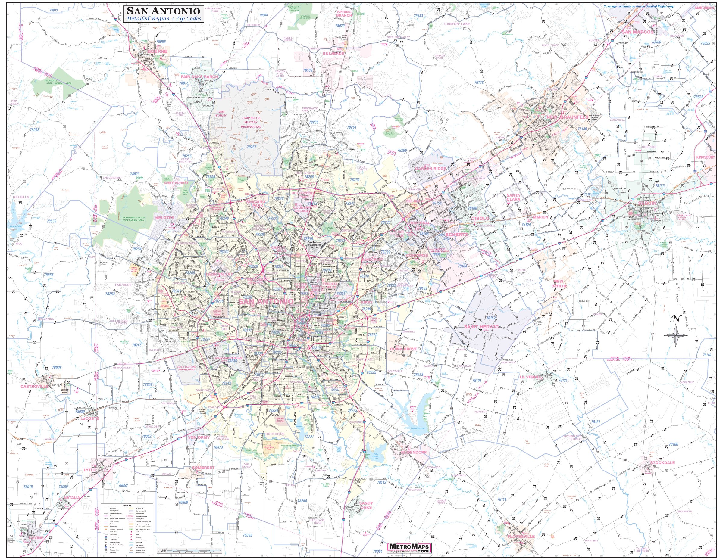 San Antonio / Greater Bexar County Laminated Wall Map LARGE 48"x61 ...