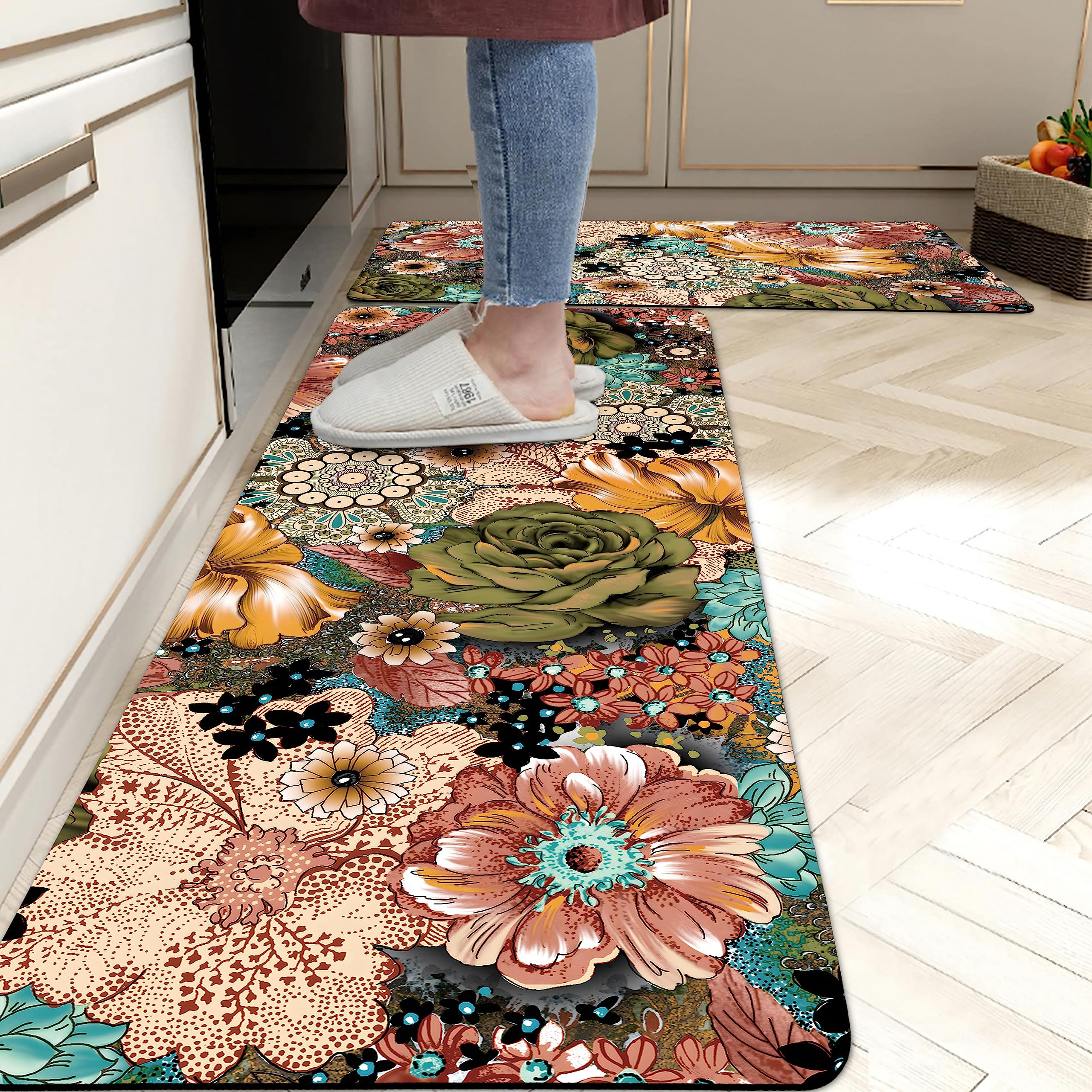 Boho Floral Kitchen Rug Set 2 Piece Colourful Flowers Non-Slip Kitchen ...