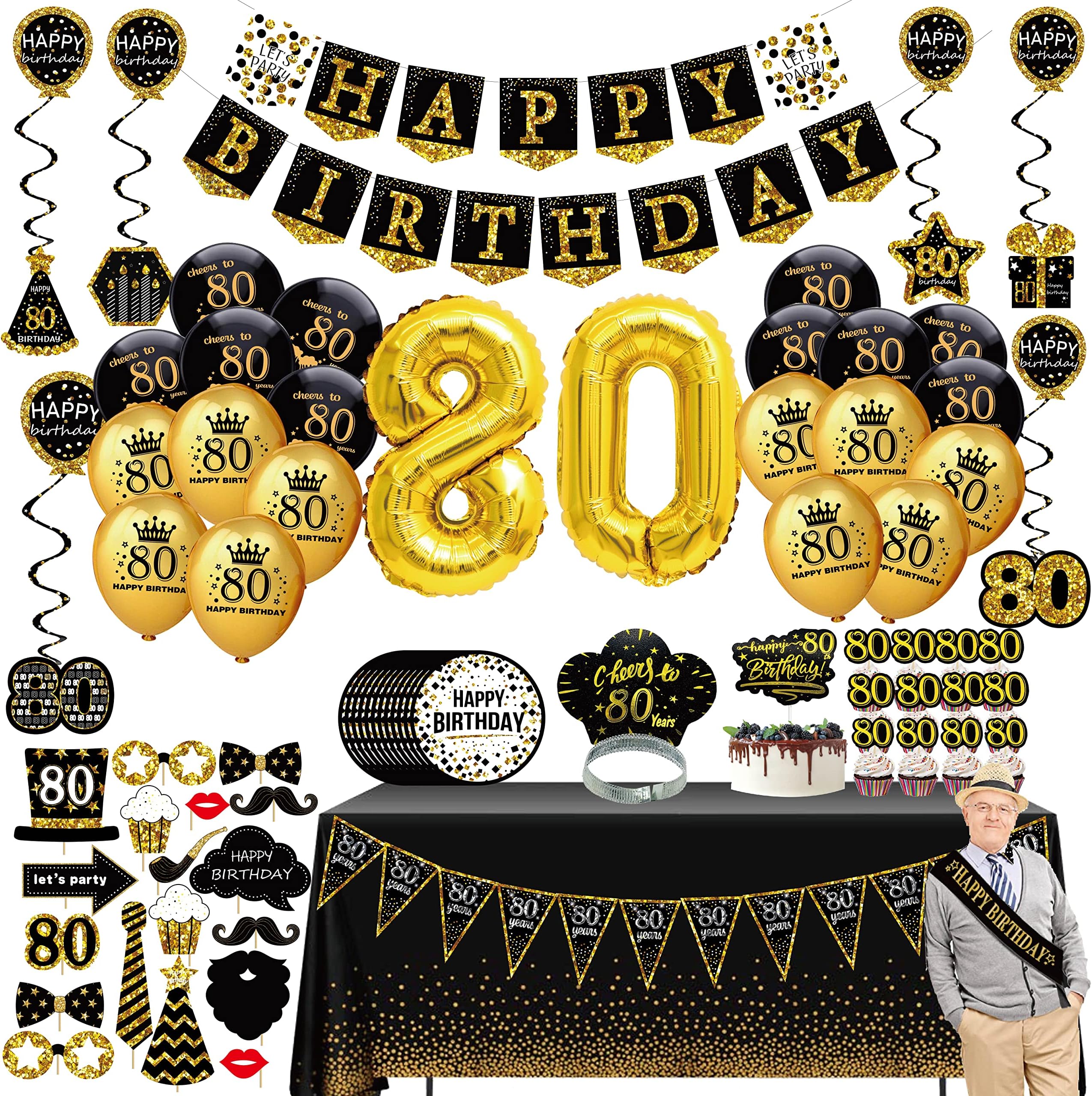 Amazon.com: 9Pcs Blue Gold 80th Birthday Decorations Blue 80th Birthday ...