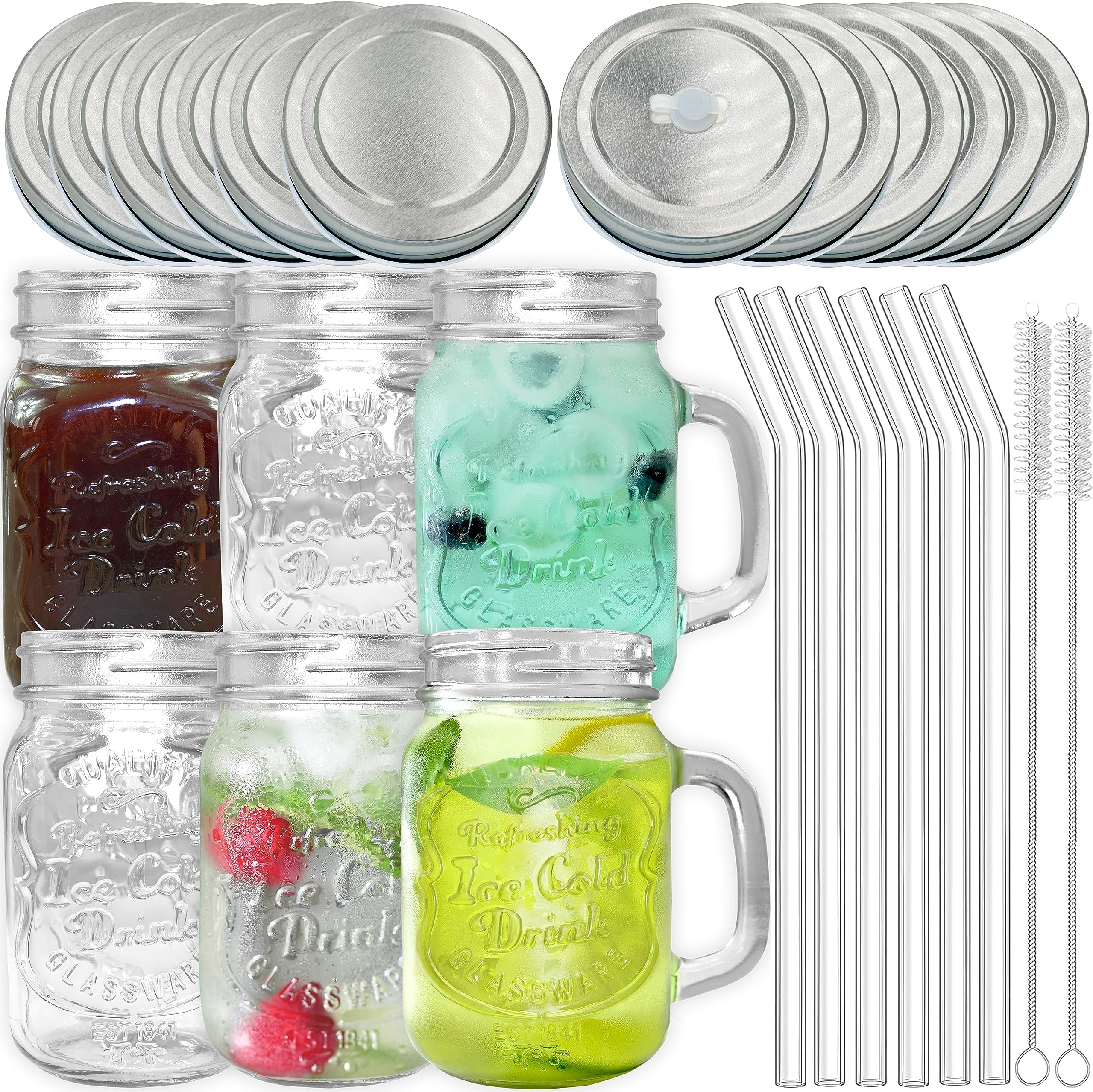 Amazon.com: brimley 16oz Glass Mason Jar Set of 4 with Lid and Straw - Mason Jars with Handle ...