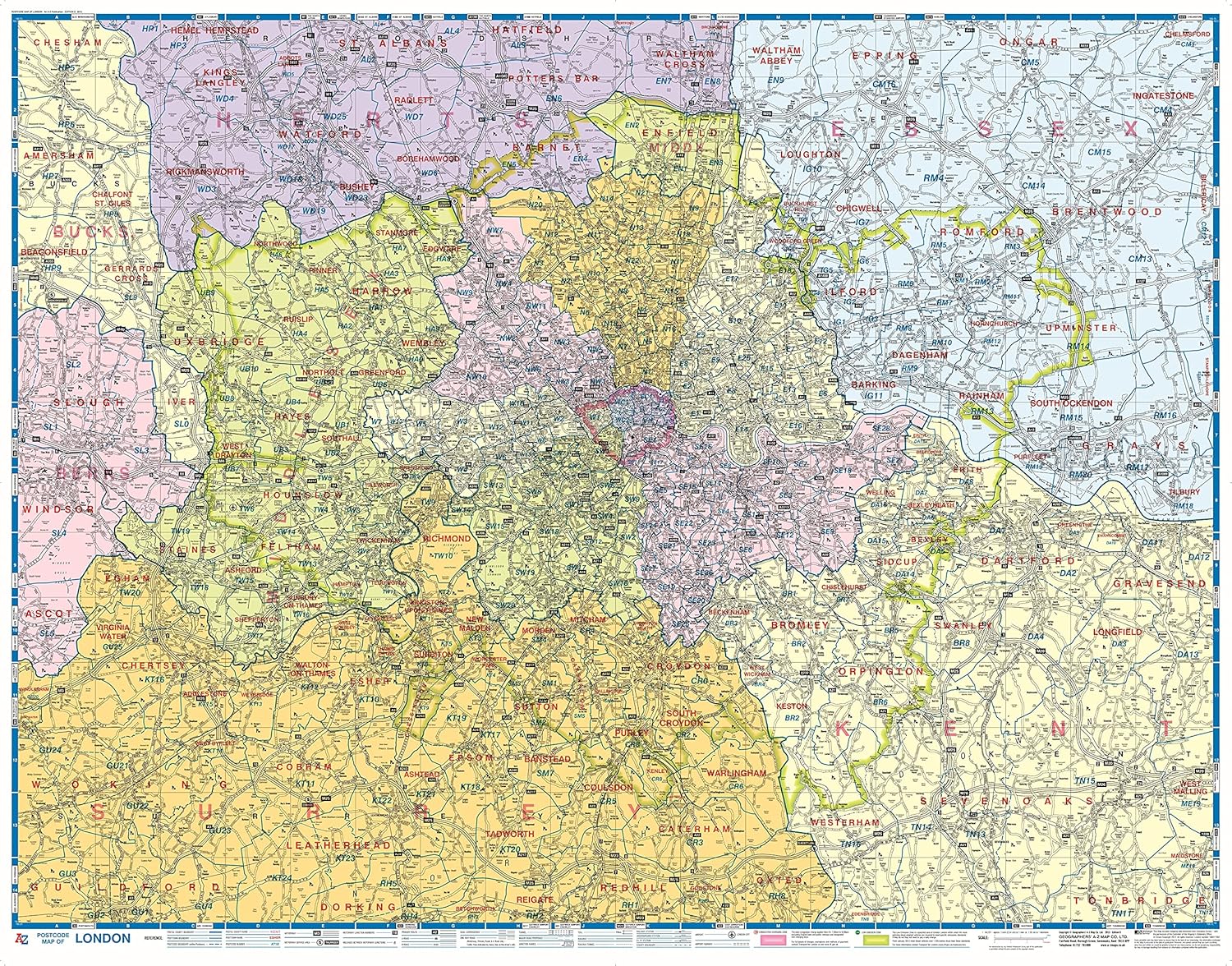 Greater London Wall Map - Authority Boroughs, Postcode Districts, Main ...