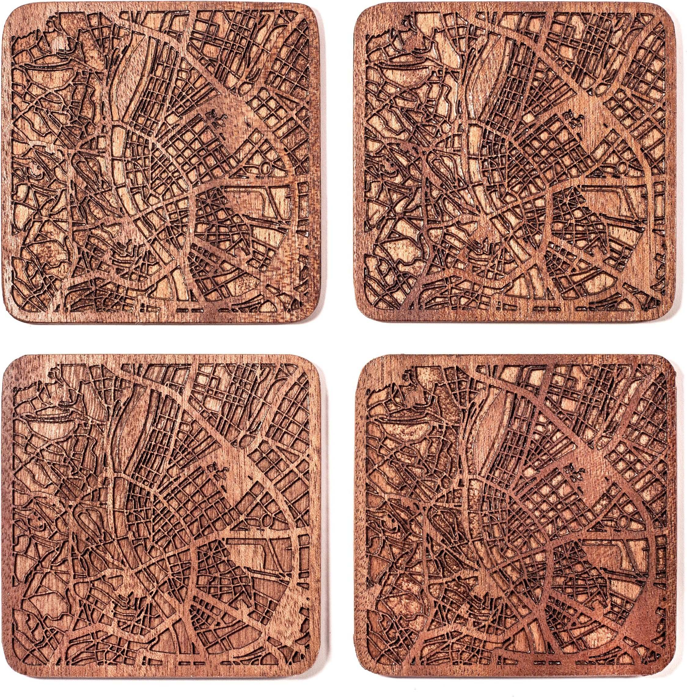 Amazon.com | Dublin Map Coaster by O3 Design Studio, Set Of 4, Sapele ...