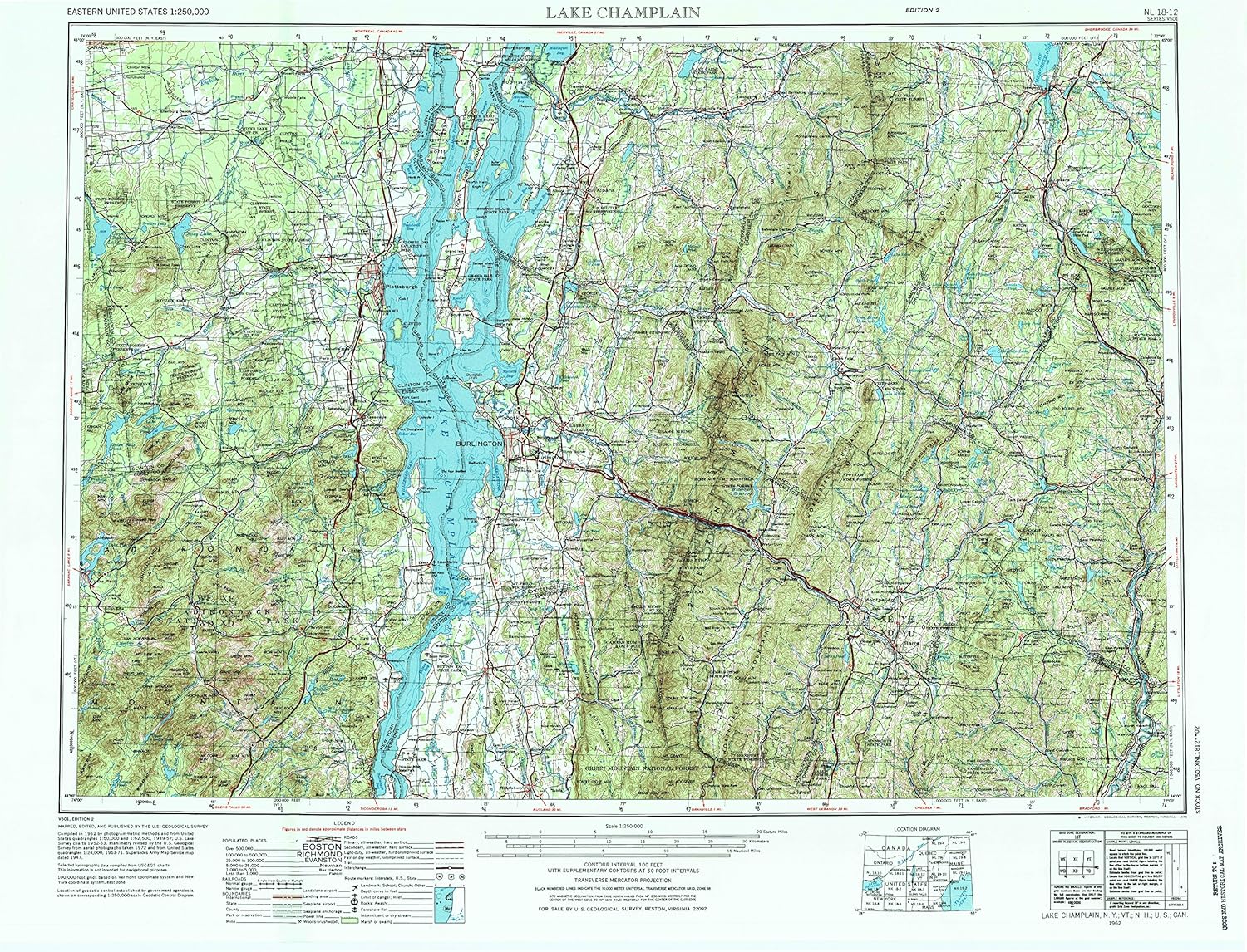 Lake Champlain NY topo map, 1:250000 Scale, 1 X 2 Degree, Historical ...
