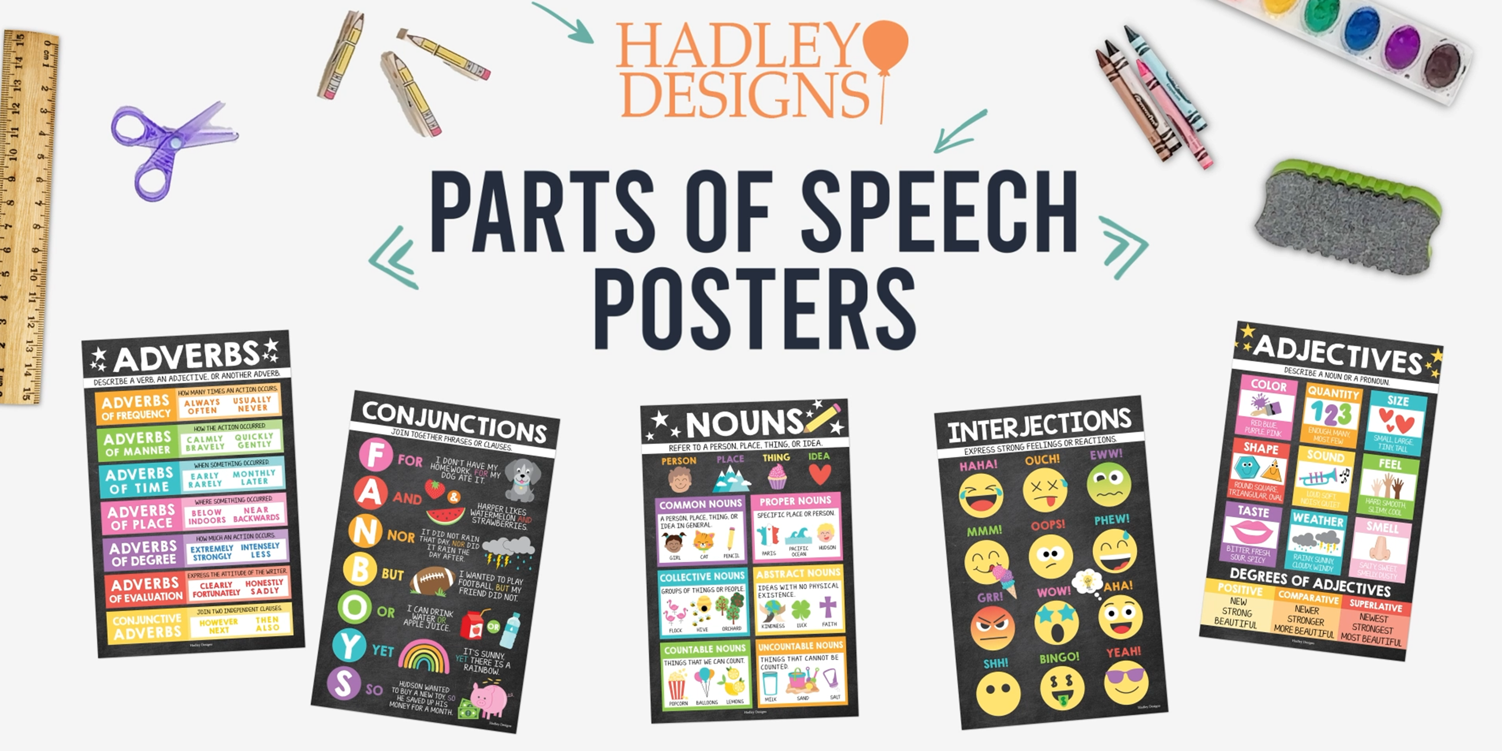 Posters For Classroom 12-Pack Parts Of Speech - Grammar Posters For ...