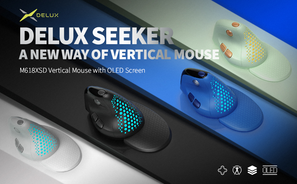 DELUX Seeker Wireless Ergonomic Vertical Mouse with OLED Screen and Thumb Wheel, Rechargeable ...