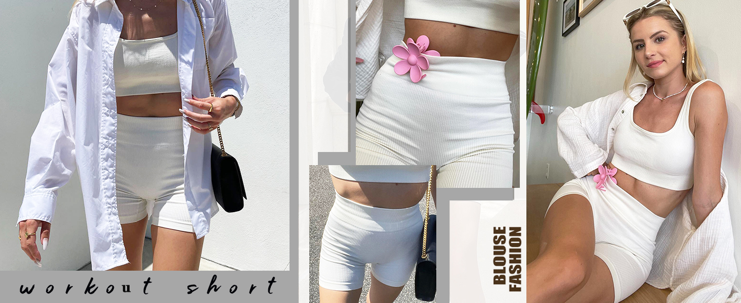 Amazon.com: Women's 3 Piece Workout Shorts Yoga Seamless Ribbed High ...