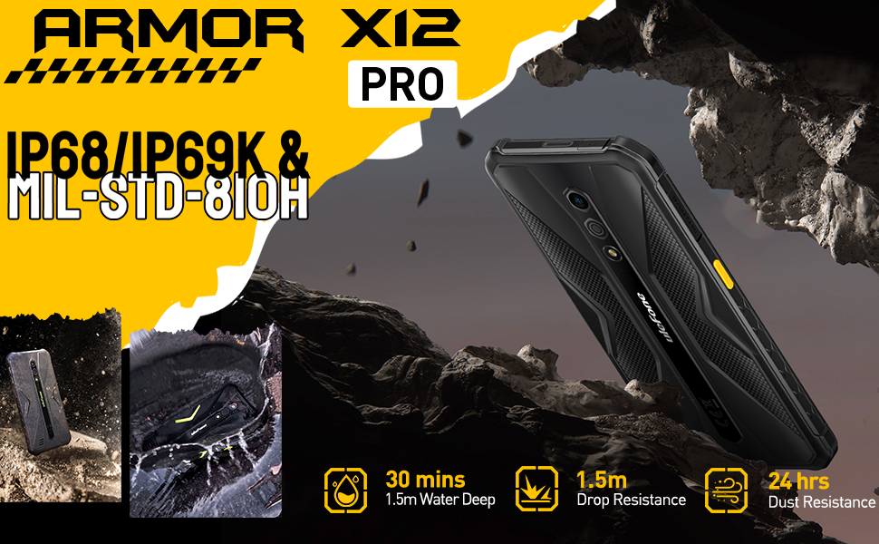 Ulefone 8GB 64GB Rugged Smart Phone, Armor X12 Pro Android 13 IP68/69K Waterproof 4G Network ...