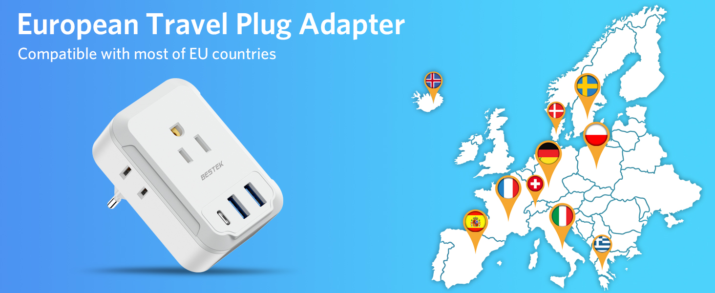 Amazon.com: BESTEK 2 Pack European Travel Plug Adapter USB C - US to Europe Plug Adapter with 4 ...