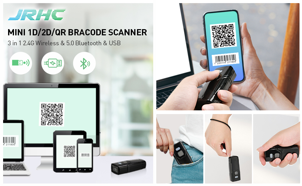 Amazon.com : JRHC Wireless Barcode Scanner, Bluetooth 1D 2D Bar Code Scanners 3 in 1 USB Wired 4 ...