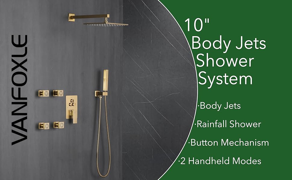 VANFOXLE Shower Faucet Set Brushed Gold Shower System with 4 PCS Body Jets,Push Button Diverter ...