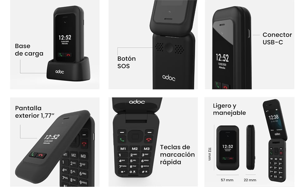 ADOC SC01 4G Flip Mobile Phone for the Elderly, 2 Screens, Bluetooth, Wi-Fi, Flashlight and ...