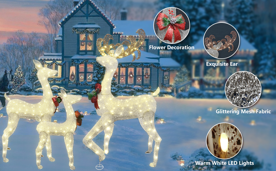 Amazon.com: Lamerge Lighted Reindeer Family Set of 3, Christmas Decorative Deer with Red Bow and ...