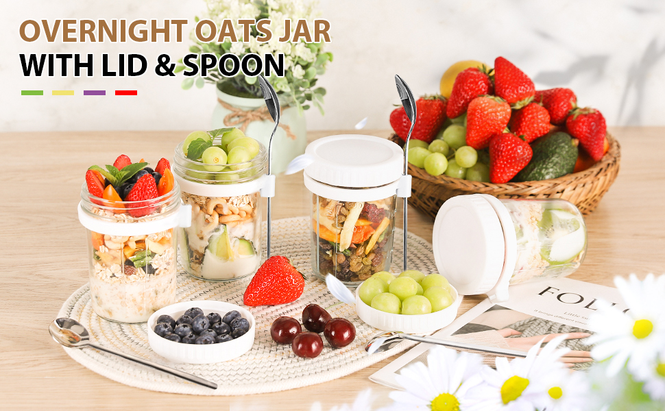 Amazon.com: Overnight Oats Jars with Spoon and Lid (16 oz4Pack), Airtight Oatmeal Container with ...