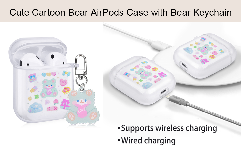 Amazon.com: Aleviker Clear AirPods Case with Bear Keychain Cute Cartoon Bear Design Full ...