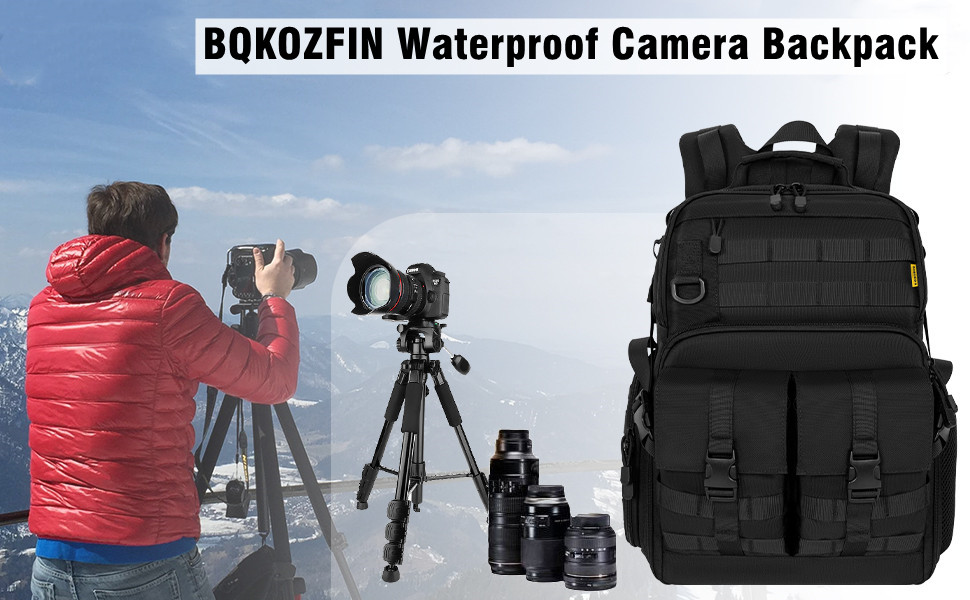 BQKOZFIN Camera Backpack, Waterproof Camera Bag with 15.6" Laptop Compartment, Removable Padded ...