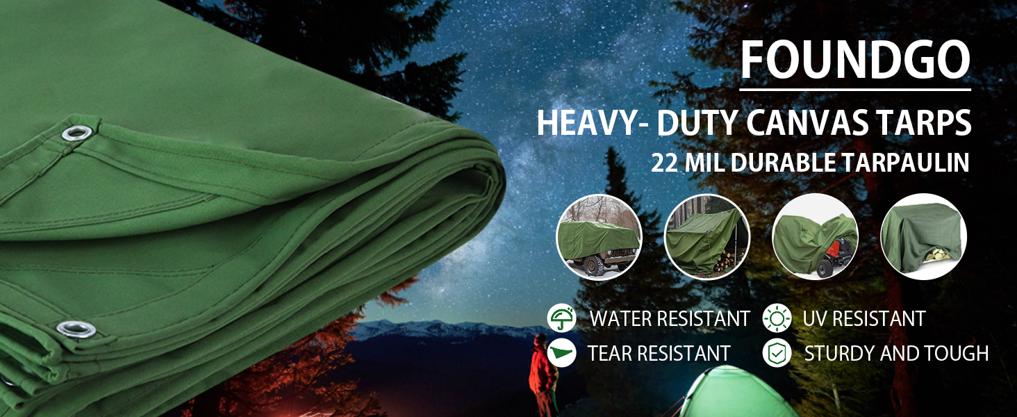 FoundGo Canvas Tarp 10x12ft Heavy Duty Waterresistant Tarps with Grommets, UV Resistant, 22 Mil ...