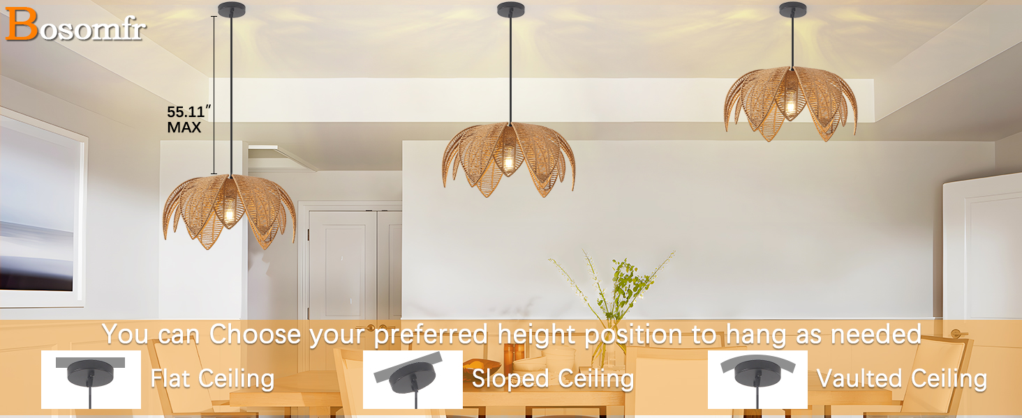 Bosomfr Hand Woven Rattan Chandelier, Boho Pendant Light 19.68 inches ...