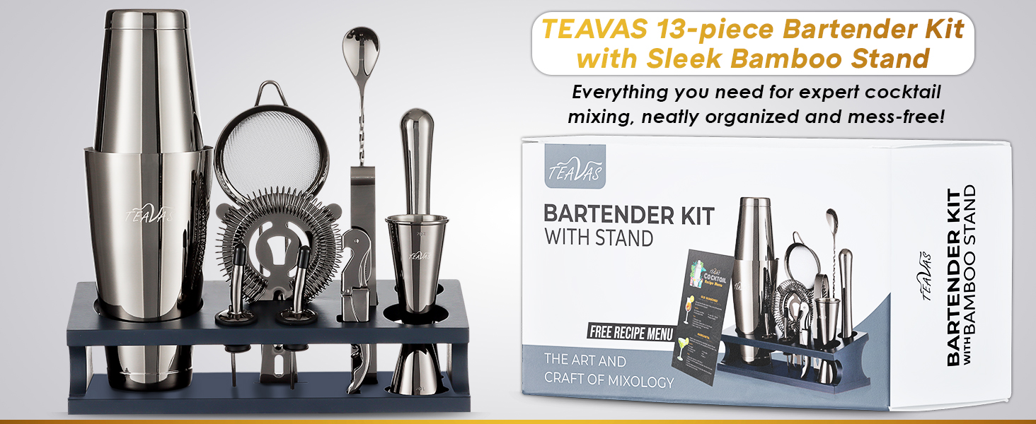 Amazon.com: TEAVAS Mixology Black Bartender Kit with Japanese Jigger & Stand - 13 Piece ...