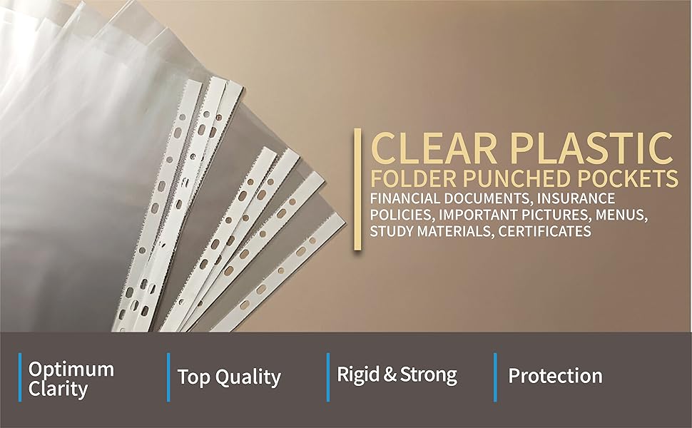 MARKQ A4 Transparent file, 100 Pcs Clear Plastic Folder Punched Pockets ...