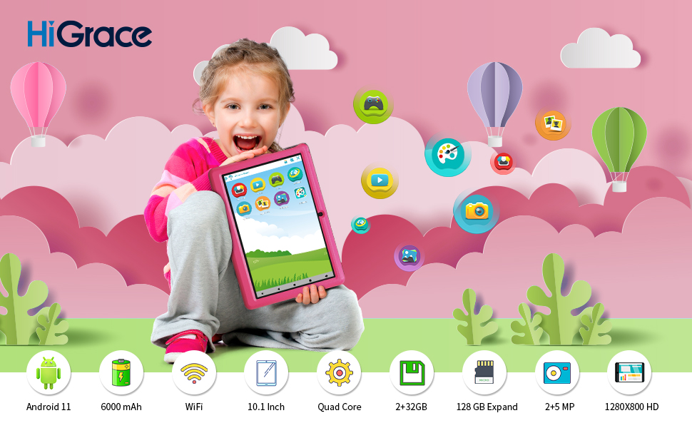 HiGrace Tablet for Kids, 10 inch Kids Tablet with Parental Control, Android 11 Quad-core 2GB ...