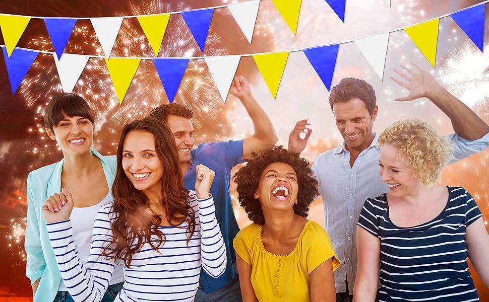 Amazon.com : LoveVC 100 Feet Blue Yellow White Pennant Banner Flags ...