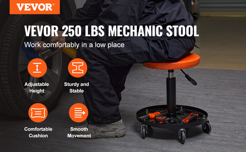 VEVOR Mechanic Stool, 250 LBS Rolling Pneumatic Creeper Garage/Shop Seat, Adjustable Height 16 ...