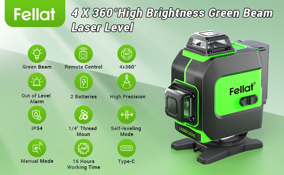 Laser Level, 4 x 360° Self-Leveling Laser Level, 4D 16 Lines Green ...