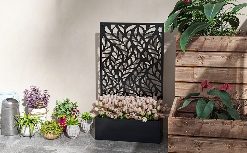 Outsunny Raised Garden Bed with Trellis Outdoor Privacy Screen with Elevated Planter Box, Metal ...