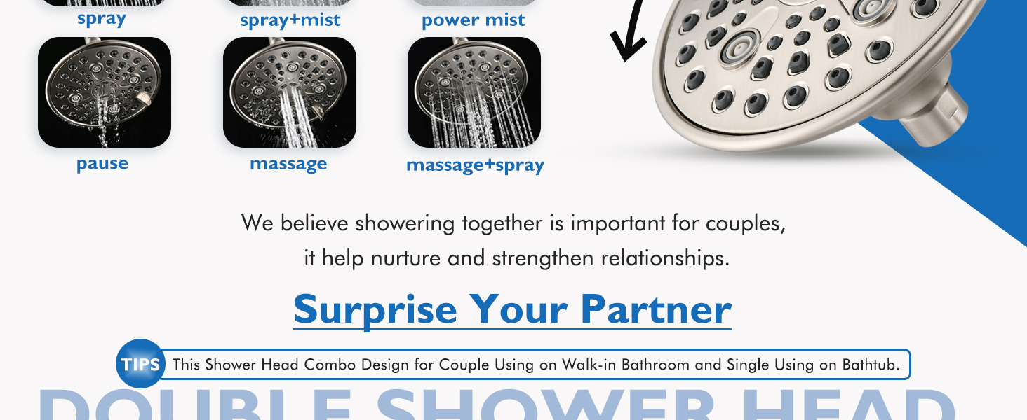 Proox Double Shower Head with Built-in Valve, High Pressure 6 Setting Dual Shower Head Design ...