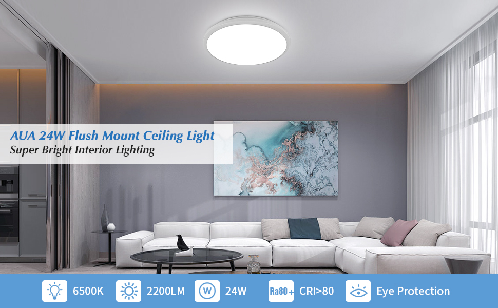 AUA Flush Mount Ceiling Light Fixtures, 24W Modern LED Round Ceiling Lights, 150W Equivalent ...