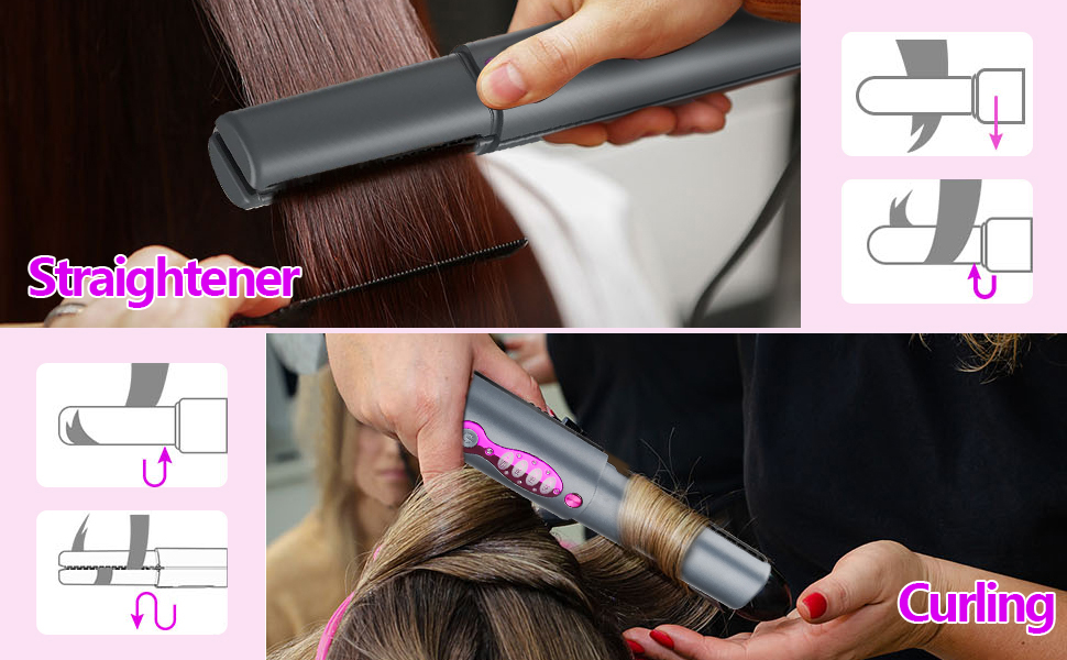Cordless Hair Straighteners Curler 2 in 1, Mini Portable Travel Wireless Hair Straightener, 30s ...
