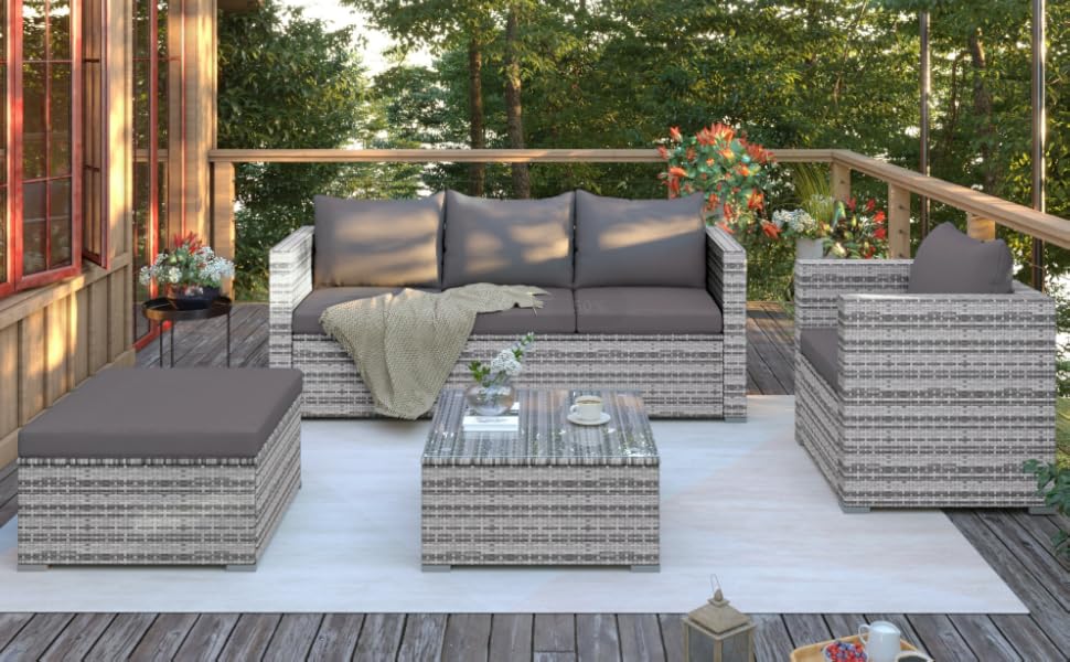 BTM 6 Pieces Outdoor Patio Sofa Set with Ottoman & Tea Table & Cushions, 5 Seater Garden ...