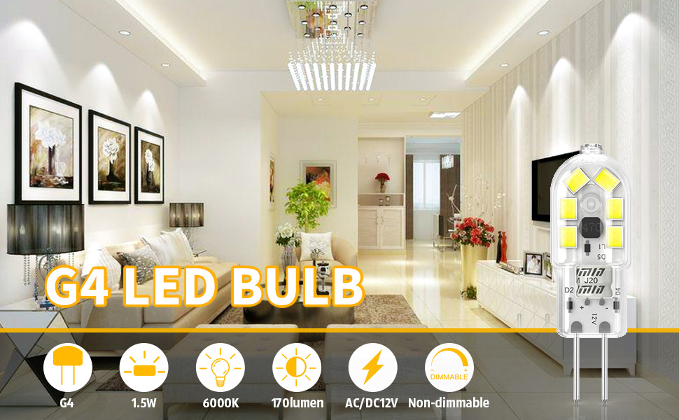 YUIIP G4 LED Bulb, AC/DC 12V JC G4 Bi Pin Bulb, G4 20W Halogen Bulb Replacement, Daylight White ...