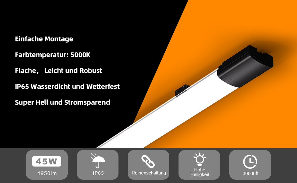 Modlicht LED Feuchtraumleuchte 150CM mit 45W 5000k Kaltlweiß 4950Lumen, Ultraslim Deckenleuchte ...