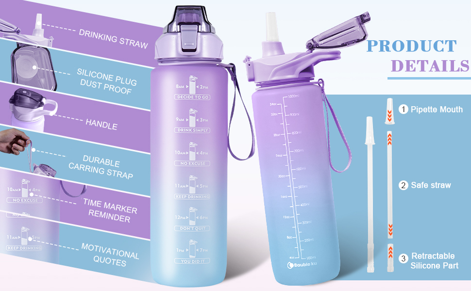 32 oz Motivational Water Bottle with Straw & Time Markings, 1Liter Large Capacity Sports Water ...