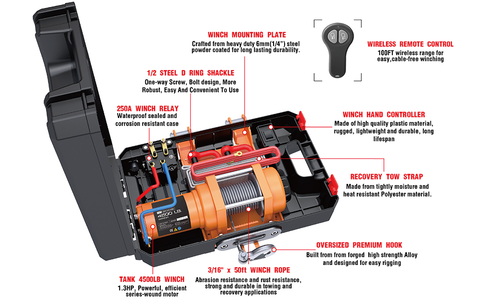 RUGCEL WINCH - Cabrestante eléctrico portátil de 12 V CC, 4500 lb/2041 kg de una sola línea con ...