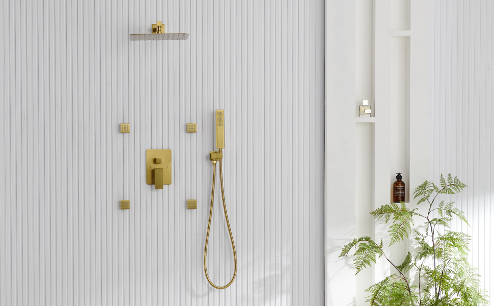 Iriber Brushed Gold Rain Shower System with 6 PCS Body Jets 3 Function Shower Faucet Set Contain ...