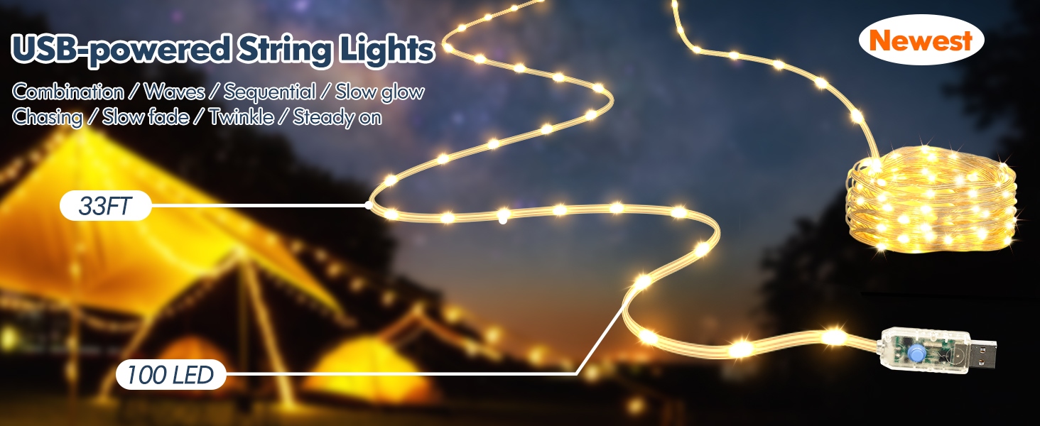 Upgraded Camping String Lights 33FT 8 Modes(4 in 1 Design), Camping ...