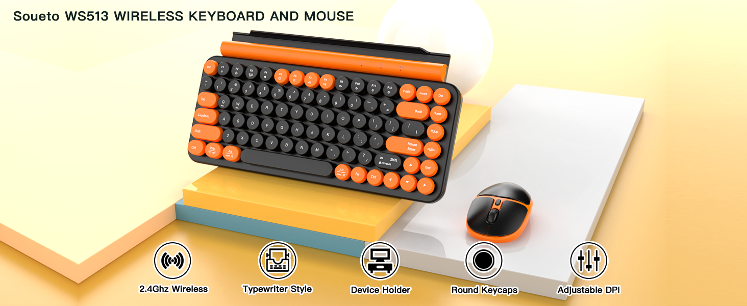Wireless Keyboard And Mouse Combo Soueto Retro Round Keycap Typewriter Keyboard