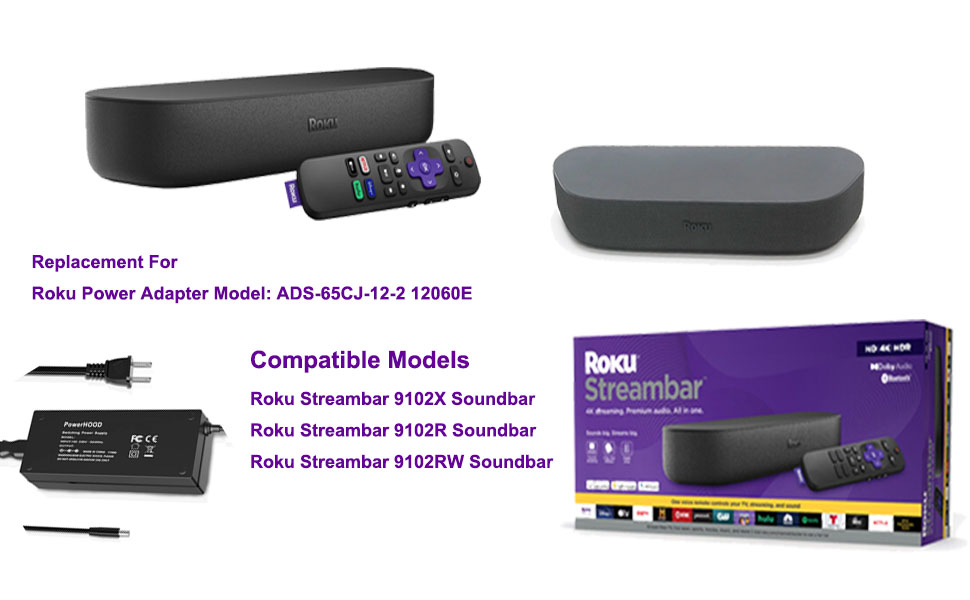 Amazon.com: PowerHOOD 12V AC/DC Adapter Compatible with Roku Streambar 9102X 9102R 9102RW Roku ...