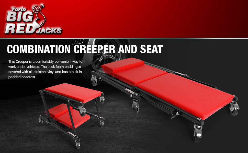 BIG RED ATR6505R Torin Foldable 36" Creeper and 22" Rolling Seat, 250 lbs Capacity - Red, Roller ...