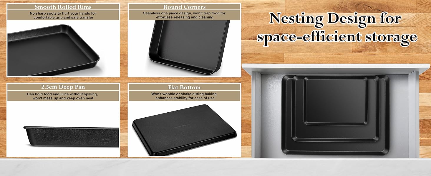 Non-Stick Baking Trays, Homikit Carbon Steel Sheet Pan Set of 3 ...