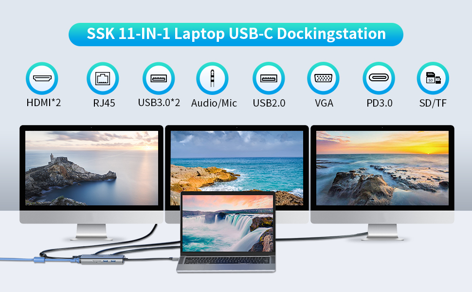 SSK Laptop USB C Dockingstation Dual Monitor,HDMI 4K/60Hz Multiport Adapter 11 in 1 Type C Hub ...