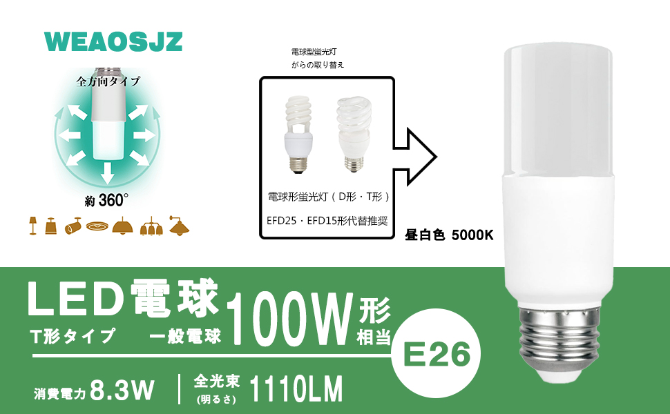 Amazon | LED電球 T形タイプ 口金直径26mm 100w形相当 昼白色 8.3W 1110ルーメン 一般電球 T形タイプ 密閉器具対応 電球形蛍光灯 調光器非対応 風呂場 キッチン ...