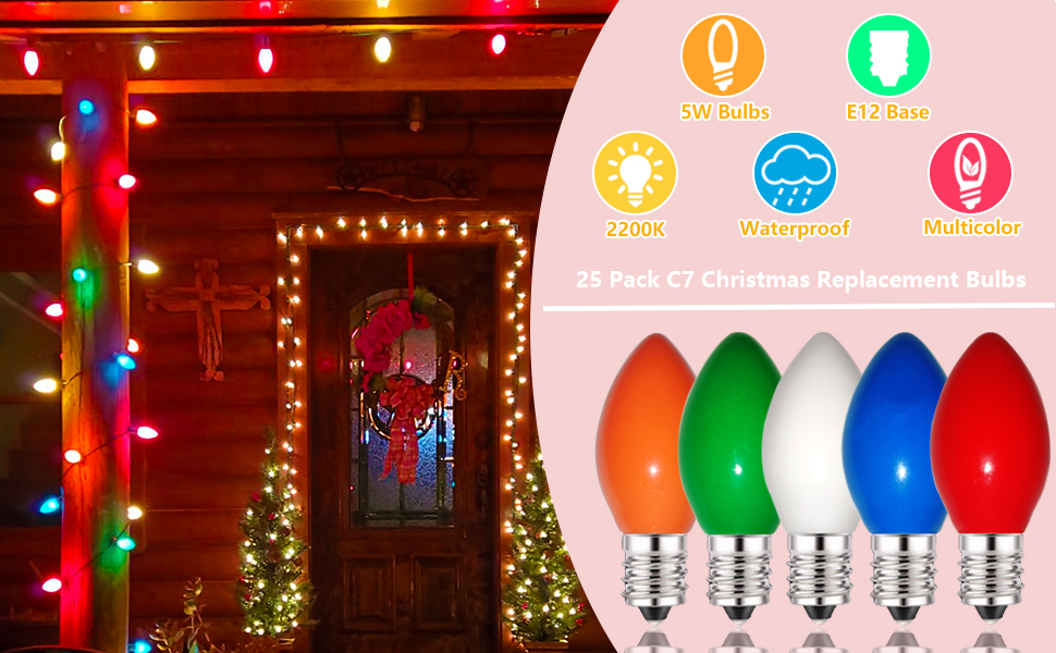 C7 Christmas Replacement Light Bulbs, 25 Pack Ceramic Multicolor ...