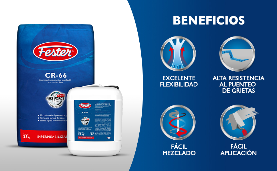 Fester Impermeabilizante Cementoso CR-66 Fibre Force Gris 7KG Súper Flexible Reforzado con ...