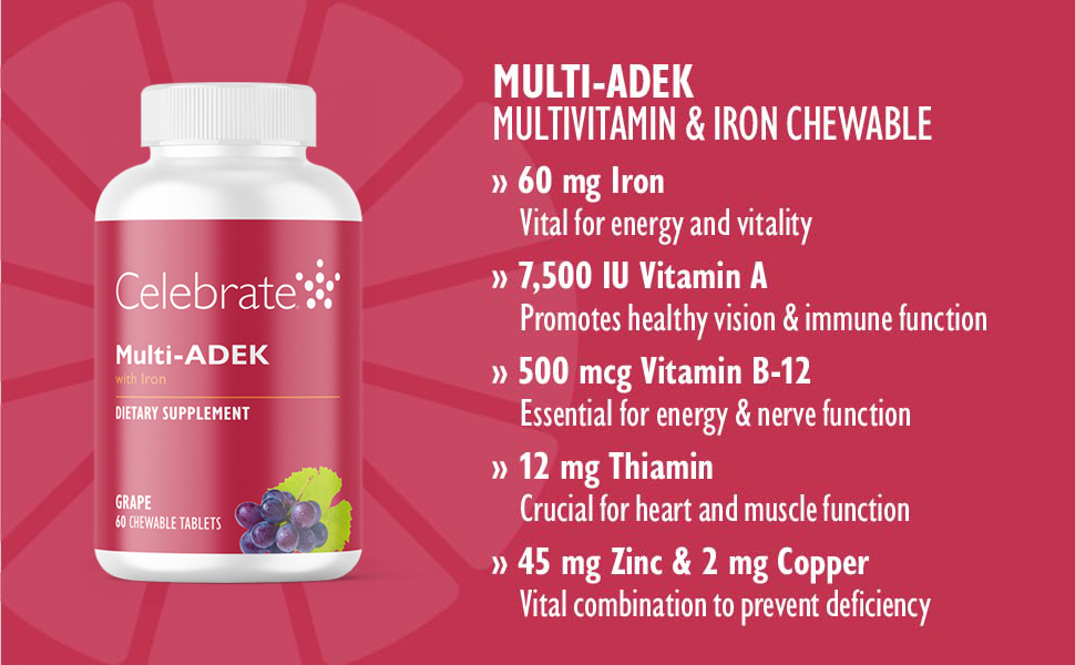 Amazon.com: Celebrate Vitamins Multi ADEK Chewables, 60mg Iron - Daily Bariatric Multivitamin ...