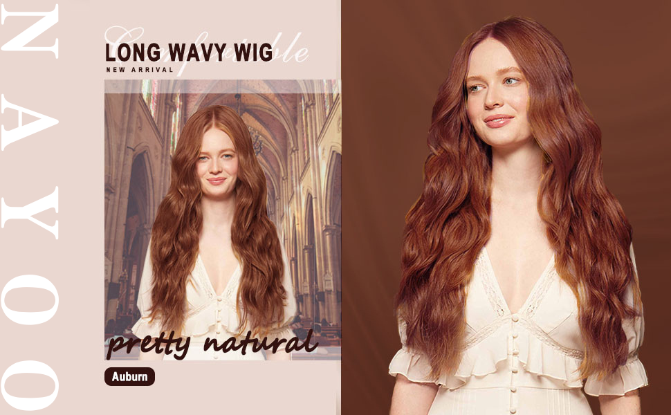 Amazon.com : NAYOO Long Auburn Wavy Wig for Women 26 Inch Middle Part Curly Wavy Wig Natural ...