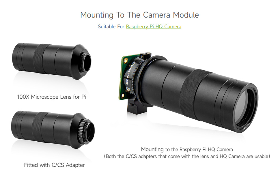 Waveshare 100X Industrial Microscope Lens, C/CS-Mount, Compatible with Raspberry Pi HQ Camera ...